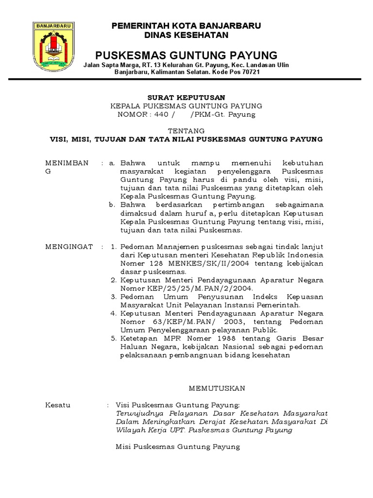 SK Kapus Tentang Visi Misi Tujuan Dan Tata Nilai Puskesmas - FIX | PDF