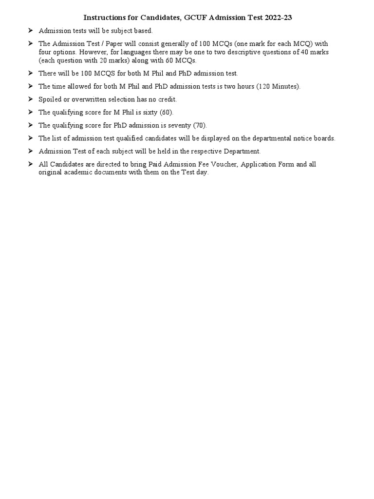 GCUF Admission Test Guidelines 2022-23 | PDF | Multiple Choice