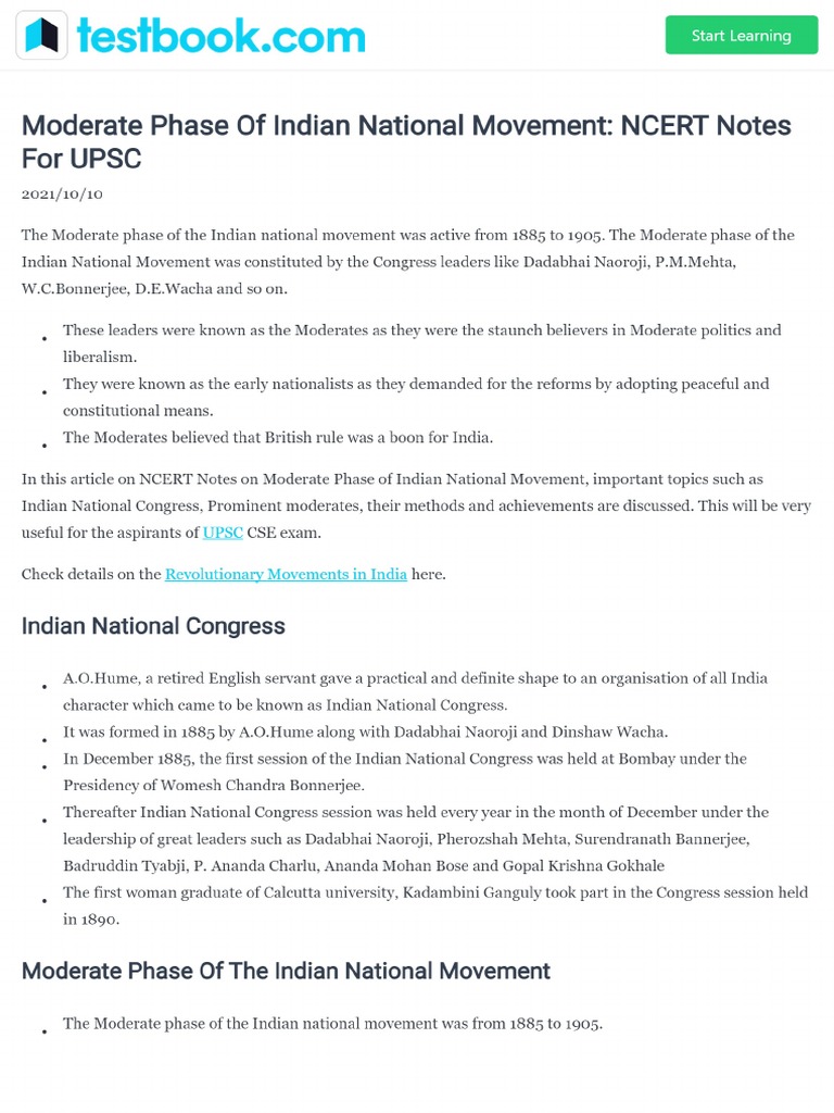 Ncert Notes Indian Nationalism Moderate Phase d68c4667 | PDF
