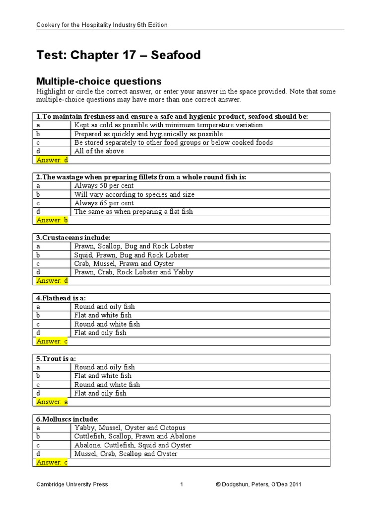 Test - Ans SEAFOOD COOKERY 10 | PDF | Seafood | Refrigerator