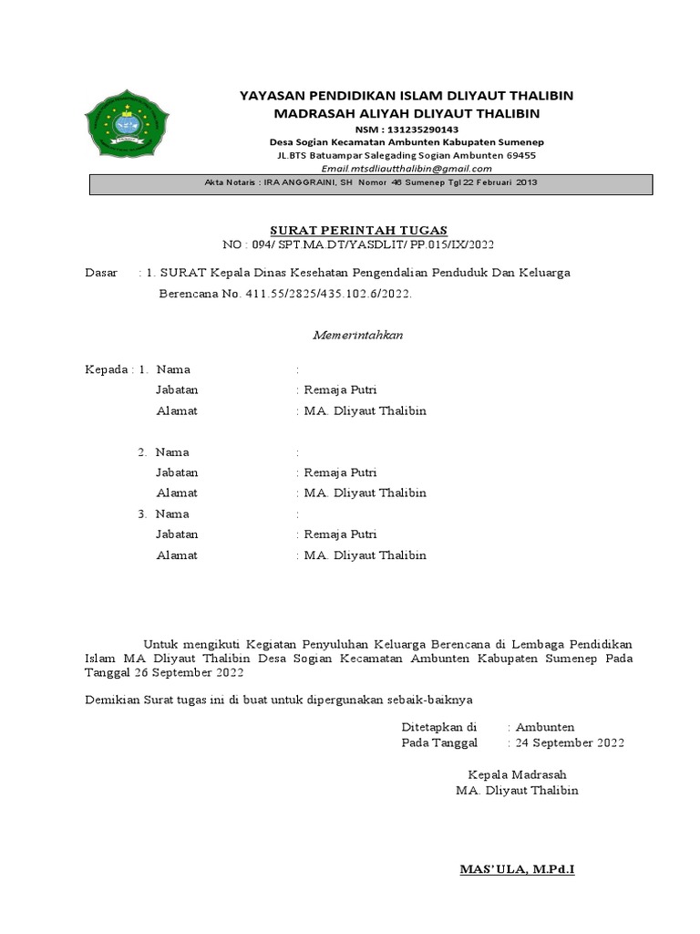 Surat Tugas Penyuluhan KB | PDF