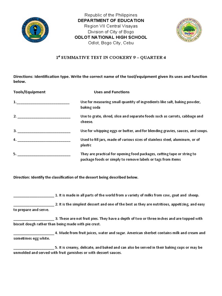 Cookery 9 Summative Tests & Tasks | PDF