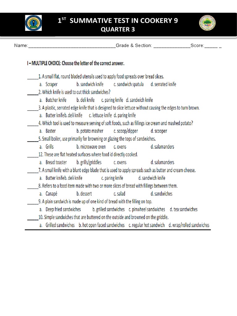 Q3 - Cookery 9 1. Summative Test | PDF