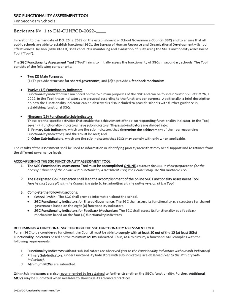 SGC Functionality Assessment Tool Guide | PDF