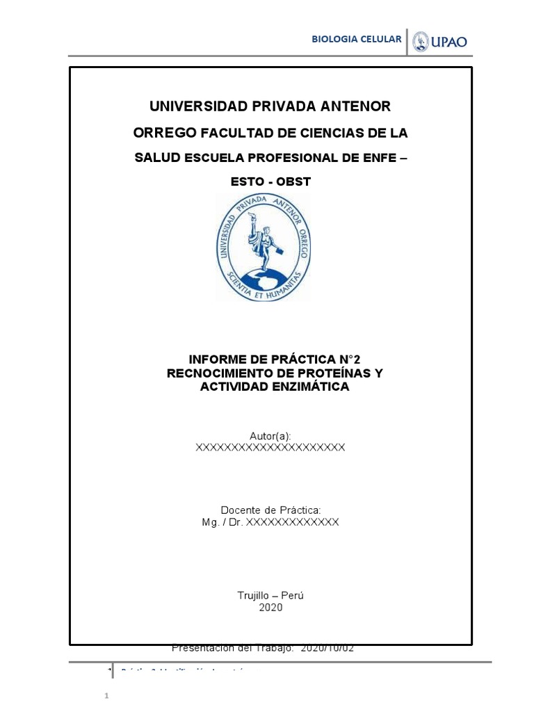 Semana 2 Practica 2 Informe Práctica Proteinas Enzimas 2021-10 ESTO - ENFE - OBST | PDF | Enzima ...