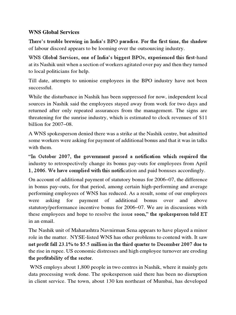 WNS Nashik BPO Labor Disputes | PDF | Employment | Outsourcing