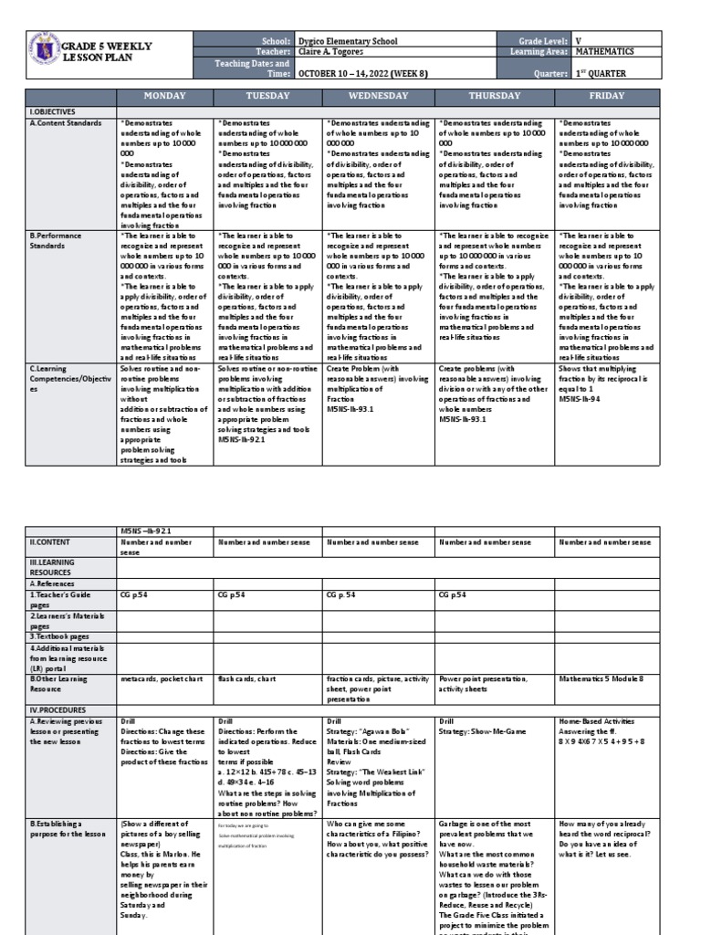 Grade 5 Math Lesson Plan: Week 8 | PDF | Multiplication | Learning