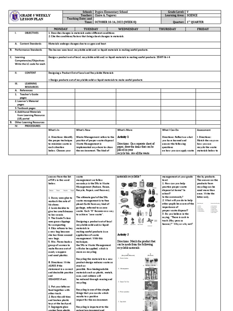 DLL - Science 5 - Q1 - W8 | PDF | Recycling | Waste Management