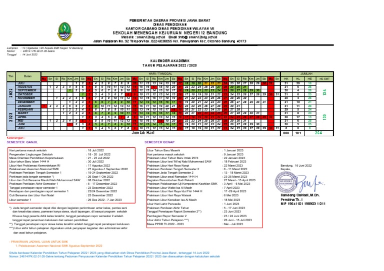 Kalender Akademik SMK Negeri 12 Bandung Tahun Pelajaran 2022-2023 | PDF