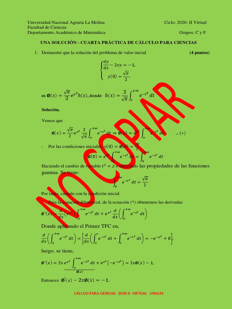 Solucionario - Cuarta Práctica Calificada 2020-II Virtual | PDF | Ecuaciones | Integral