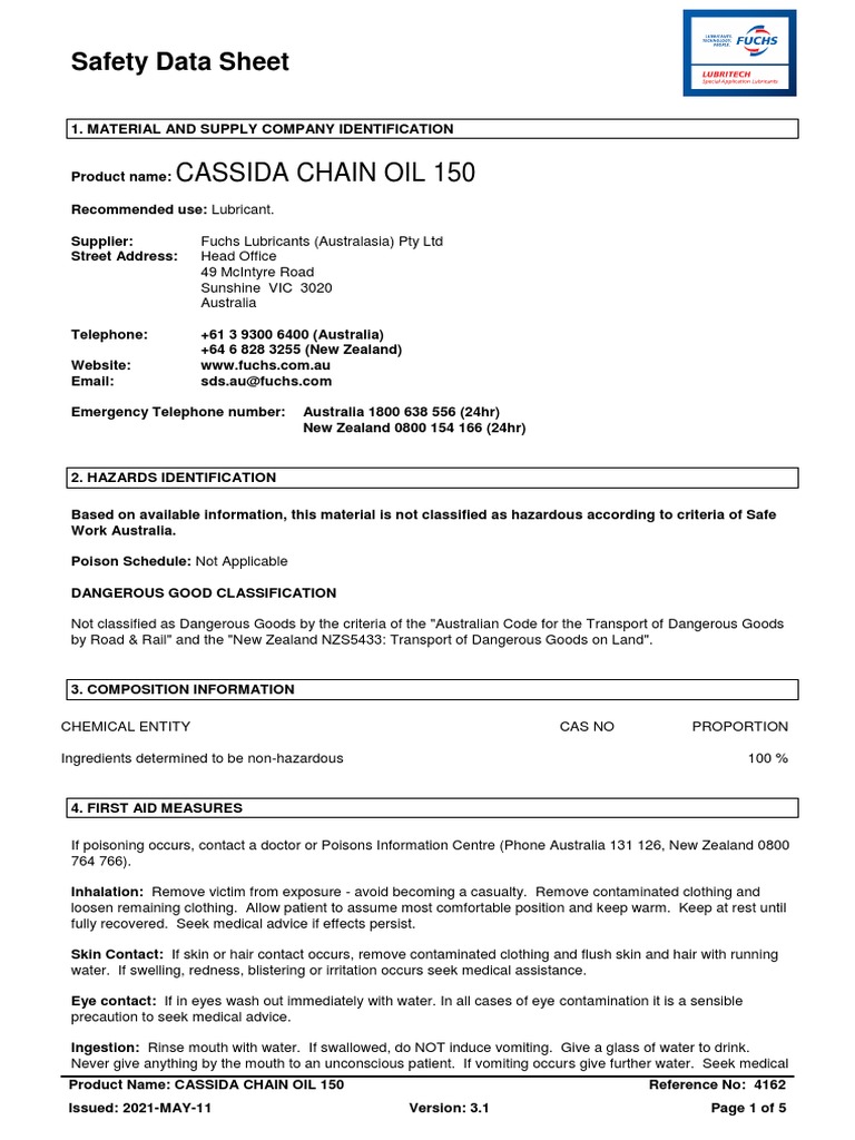 Cassida Chain Oil 150 Safety Data Sheet | PDF | Dangerous Goods | Toxicity