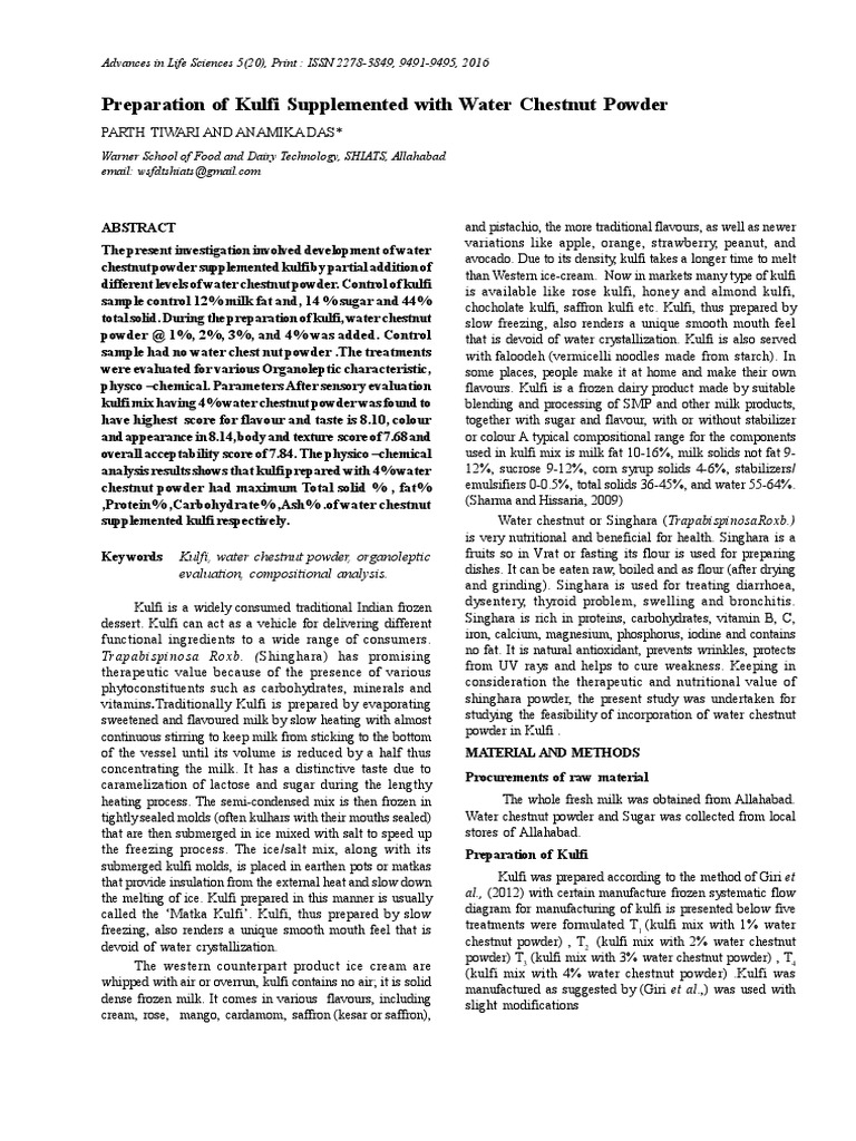 Studies On Water Chestnut Powder Supplemented Kulfi | PDF | Milk | Foods