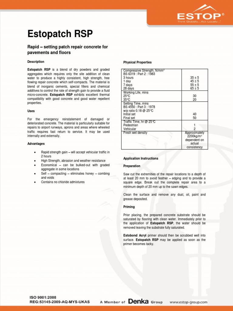 Concrete Repair - Estopatch RSP - TDS - 111203 | PDF | Concrete | Materials