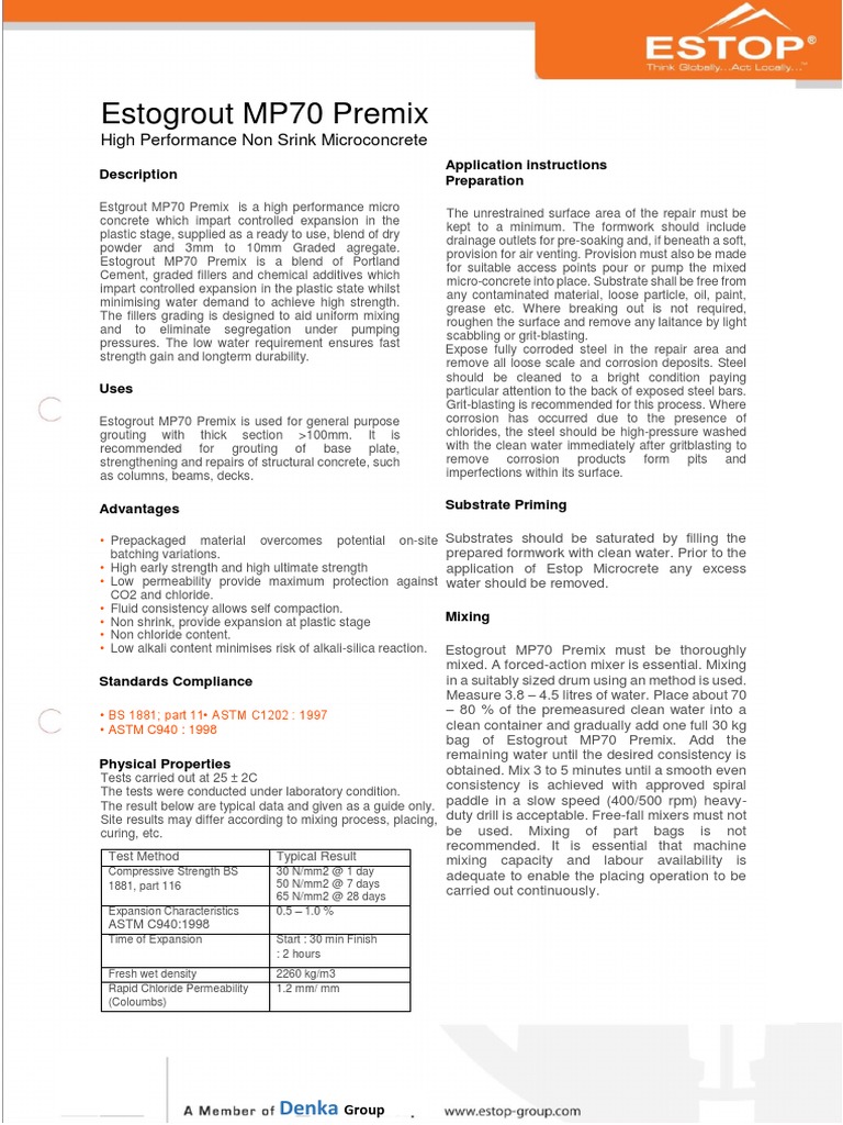 Estogrout MP70 Premix | PDF | Concrete | Corrosion