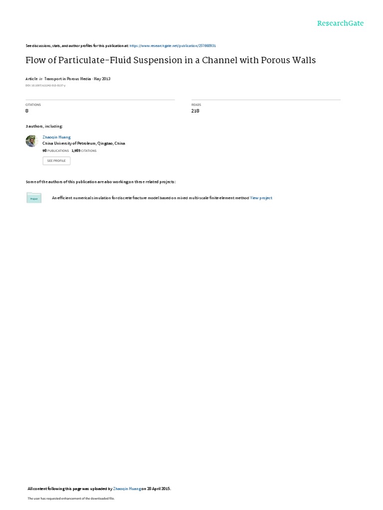 Flow of Particulate-Fluid Suspension in A Channel With Porous Walls ...