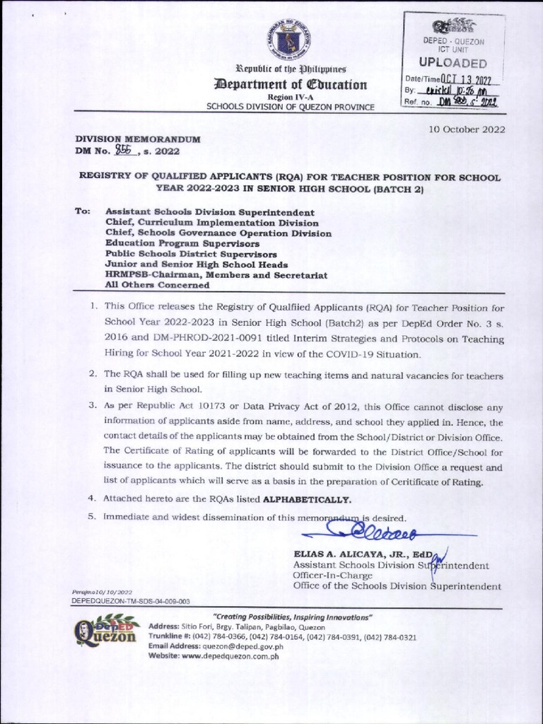 DM 855, S. 2022-RQA SHS | PDF