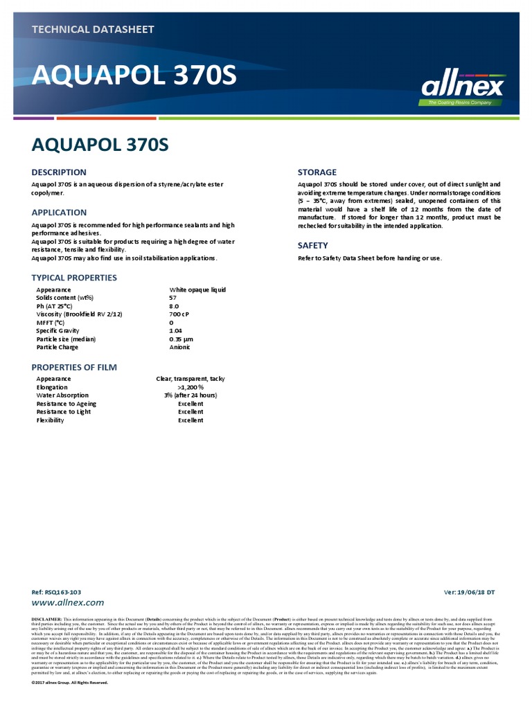 ALLNEX AQUAPOL370S Styrene-Acrylate Ester | PDF | Shelf Life | Water