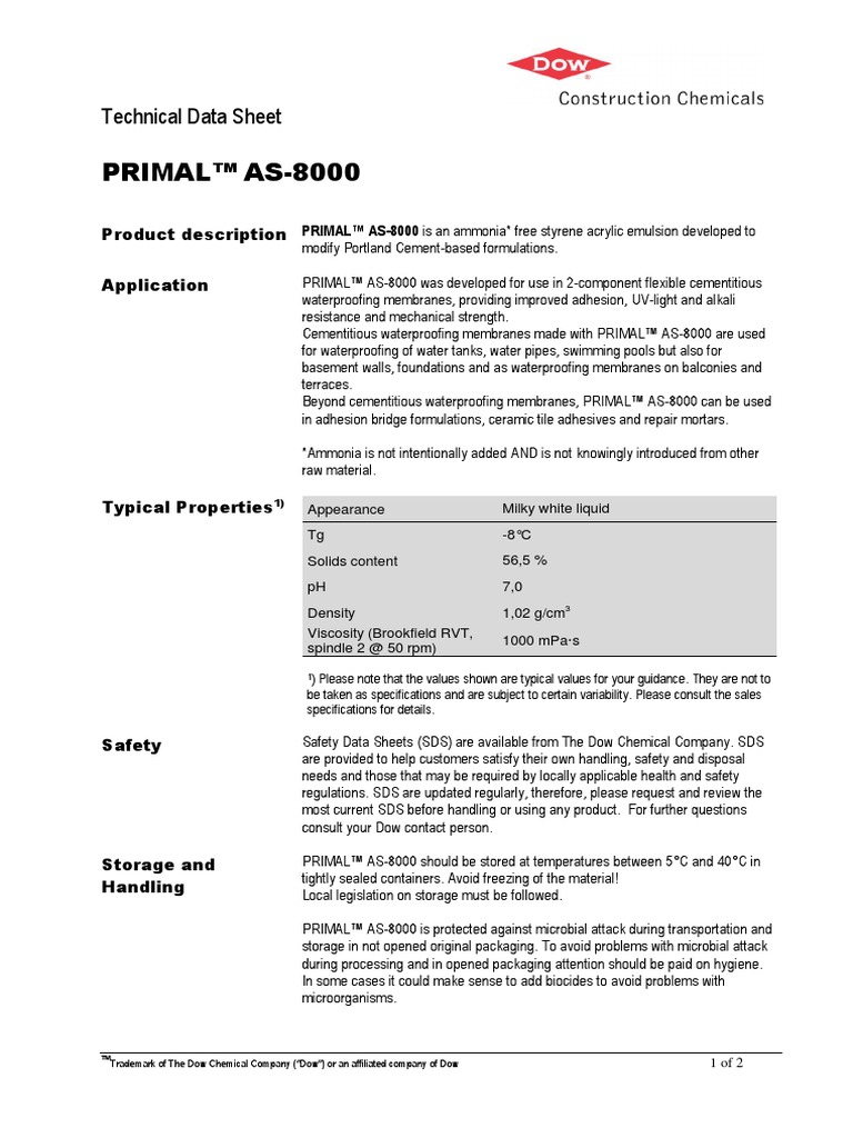 DOW Primal-As-8000-Acrylic-Emulsion | PDF | Cement | Viscosity