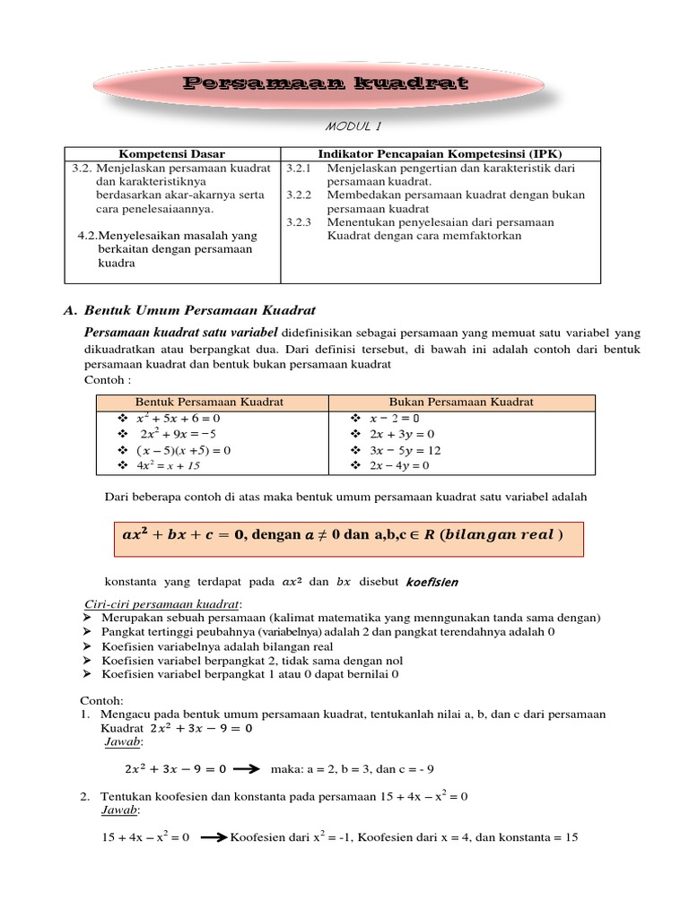 Modul 1 Persamaan Kuadrat | PDF