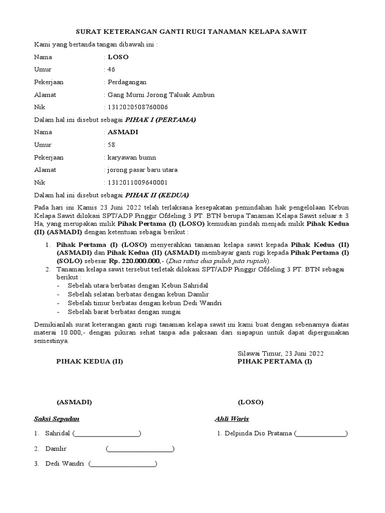 Surat Keterangan Ganti Rugi Tanaman Kelapa Sawit | PDF