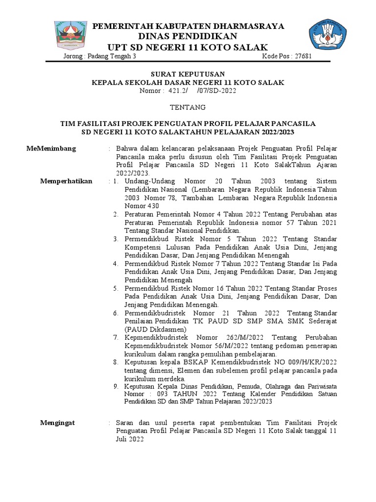 SK Tim Fasilitasi Projek | PDF