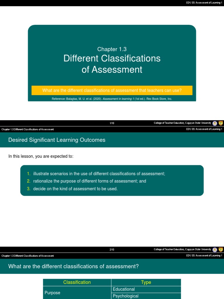 Chapter 1.3 Different Classifications of Assessment | PDF