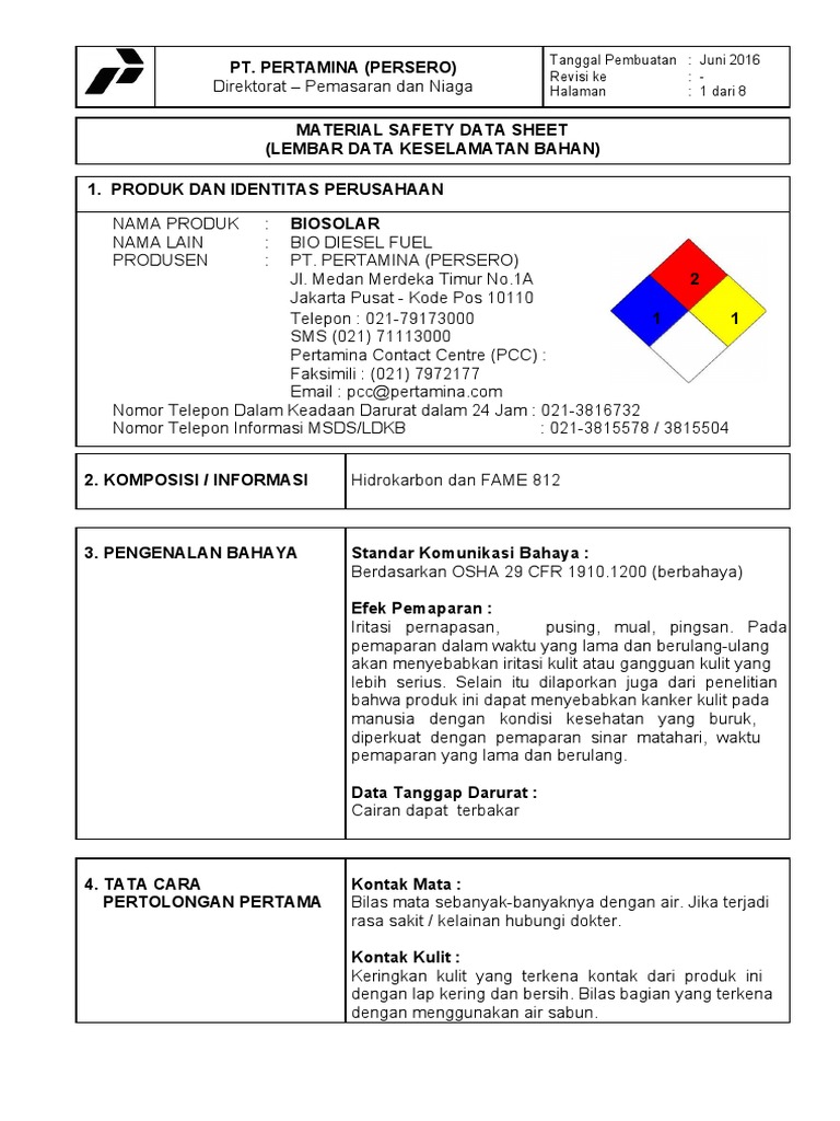 MSDS Biosolar B40 Pertamina | PDF