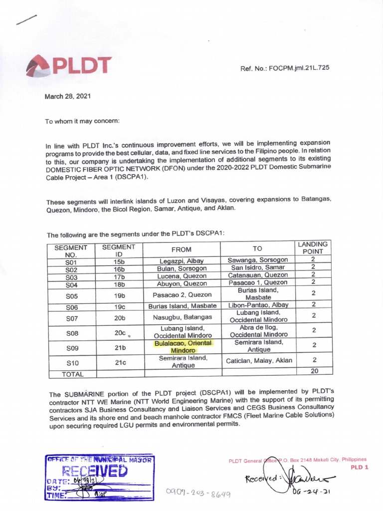 Bulalacao PLDT Application Letter Received Endorsement Letter | PDF