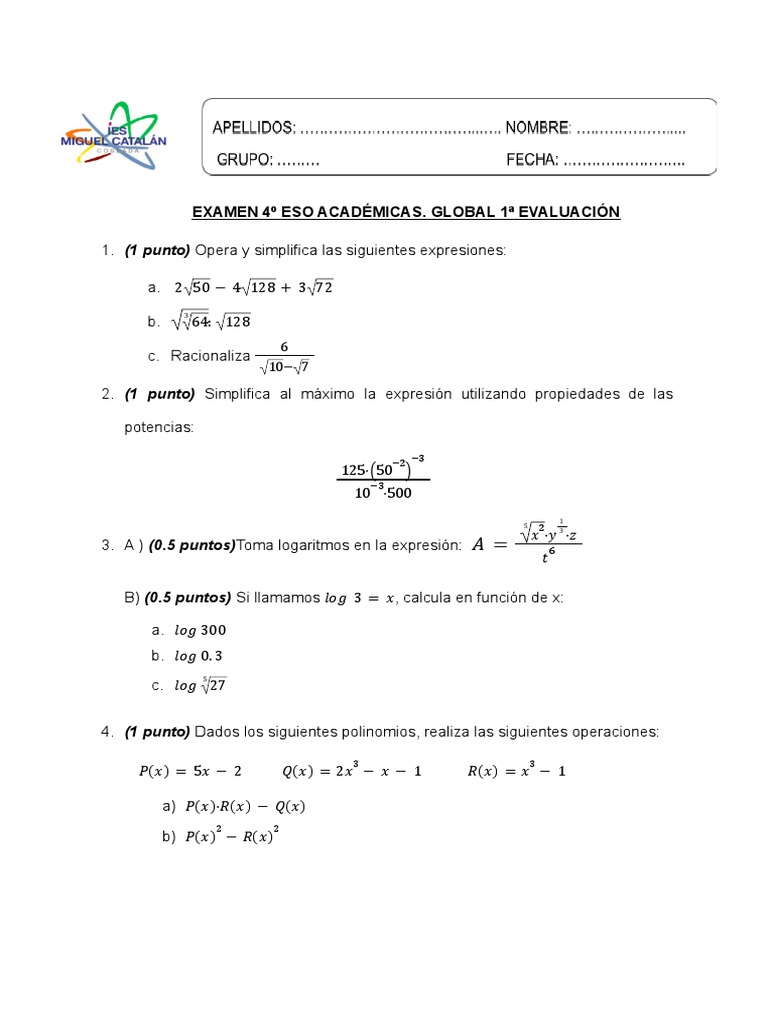 Examen de matemáticas de 4o de la ESO: Problemas de álgebra, funciones y ecuaciones | PDF