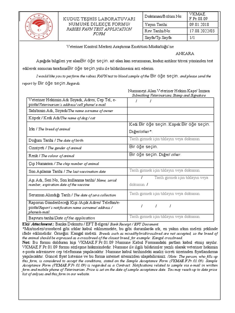 Kuduz Antikor Testi Numune Gonderme Dilekçe Form 2022 | PDF