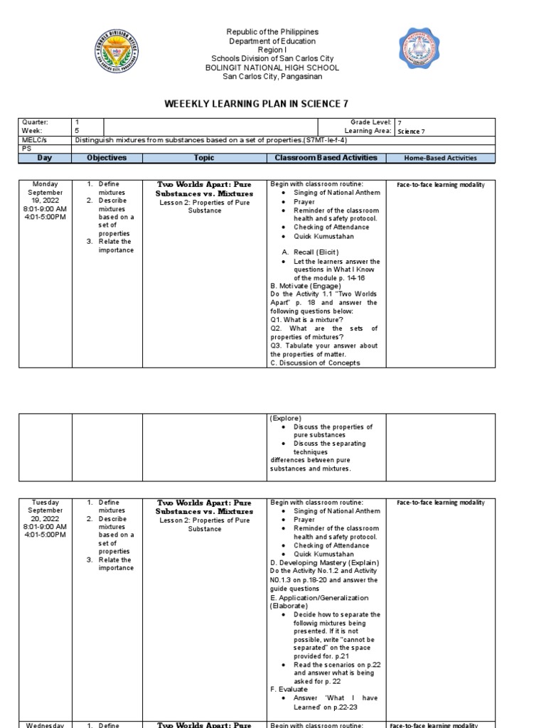 WLP Science 7 Q1 w5 | PDF | Chemical Substances | Learning