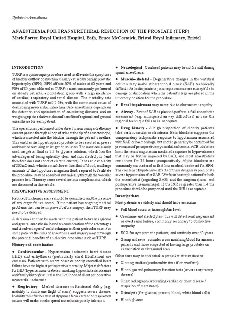 Anaesthesia For TURP | PDF | Anesthesia | Sepsis