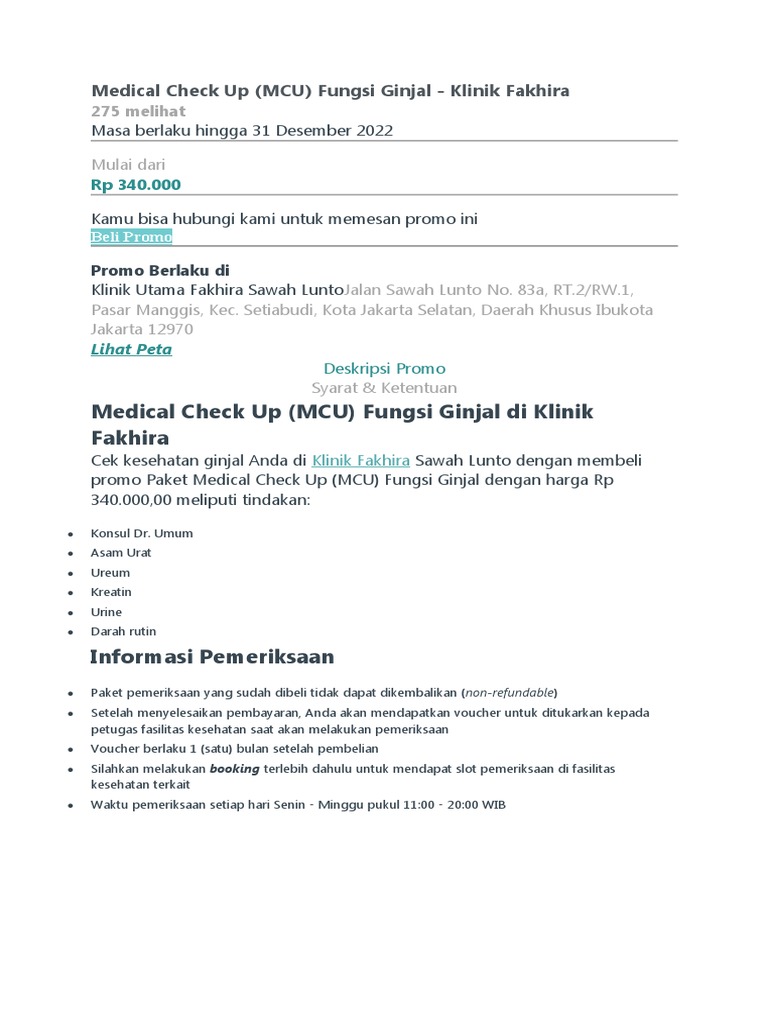 Medical Check Up SEHAT GINJAL | PDF