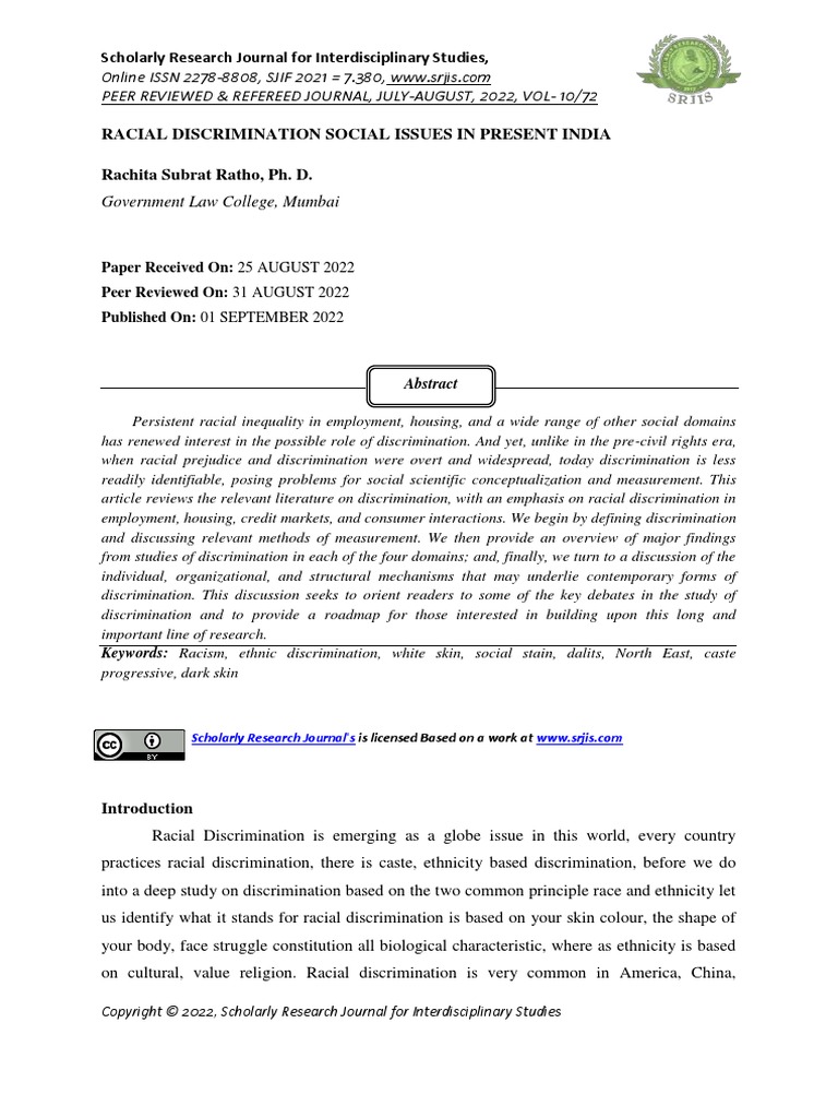 Racial Discrimination Social Issues in Present India | PDF | Discrimination | Discrimination ...