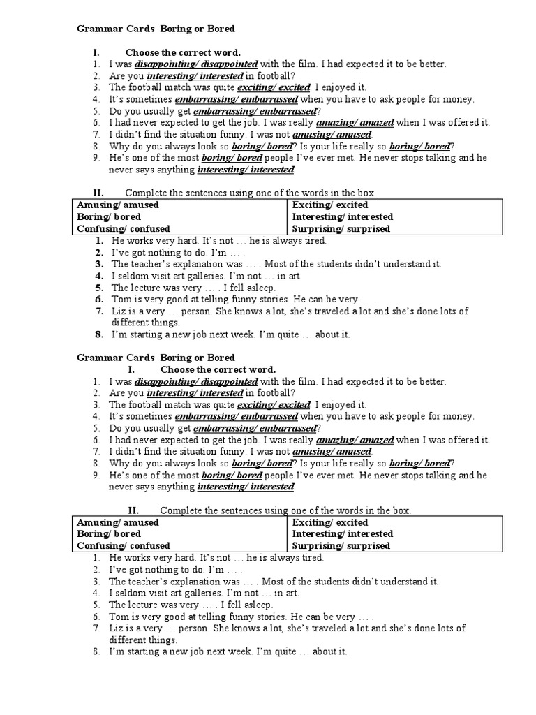 Boring vs. Bored: Grammar Exercises | PDF