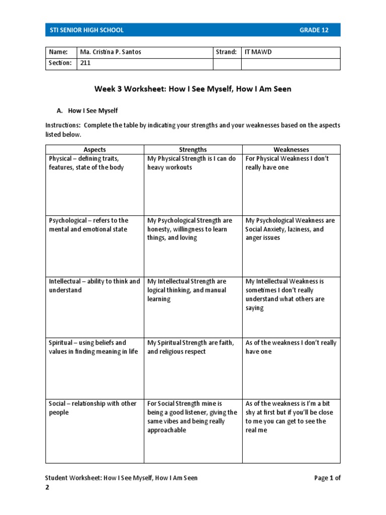 Self-Reflection Worksheet: Strengths & Weaknesses | PDF | Psychology ...