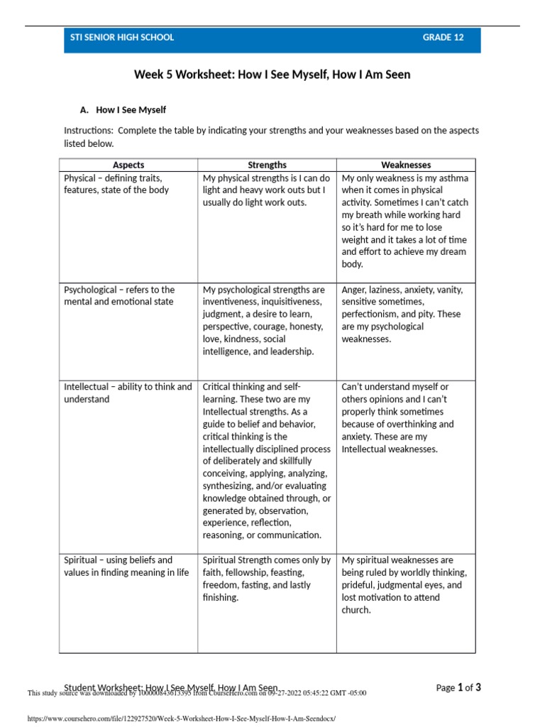 Week 5 Worksheet How I See Myself How I Am Seen | Download Free PDF ...