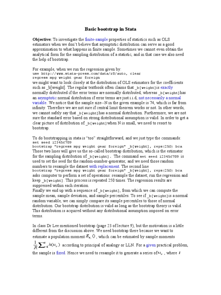 Basic Bootstrap In Stata Pdf Bootstrapping Statistics Ordinary Least Squares
