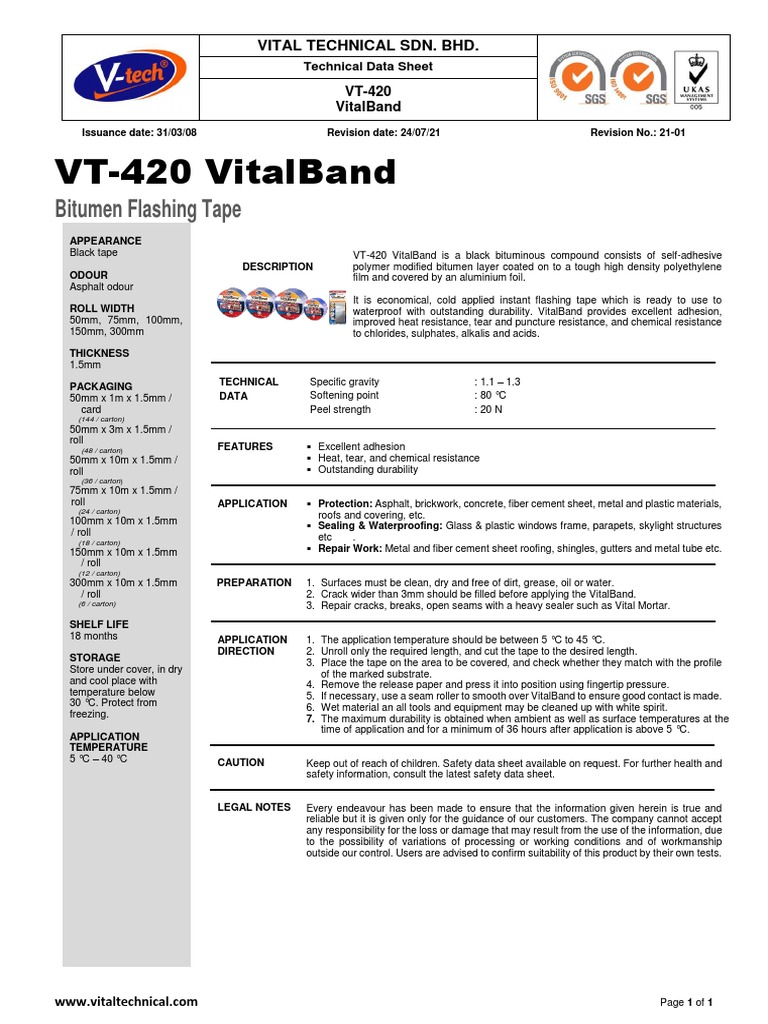 Vt-420 Vitalband: Bitumen Flashing Tape | PDF | Asphalt | Sheet Metal
