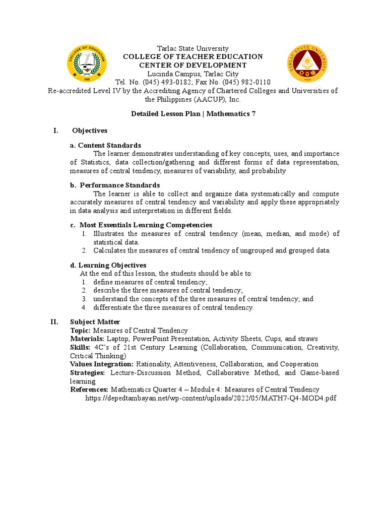 Lesson Plan | PDF | Arithmetic Mean | Average