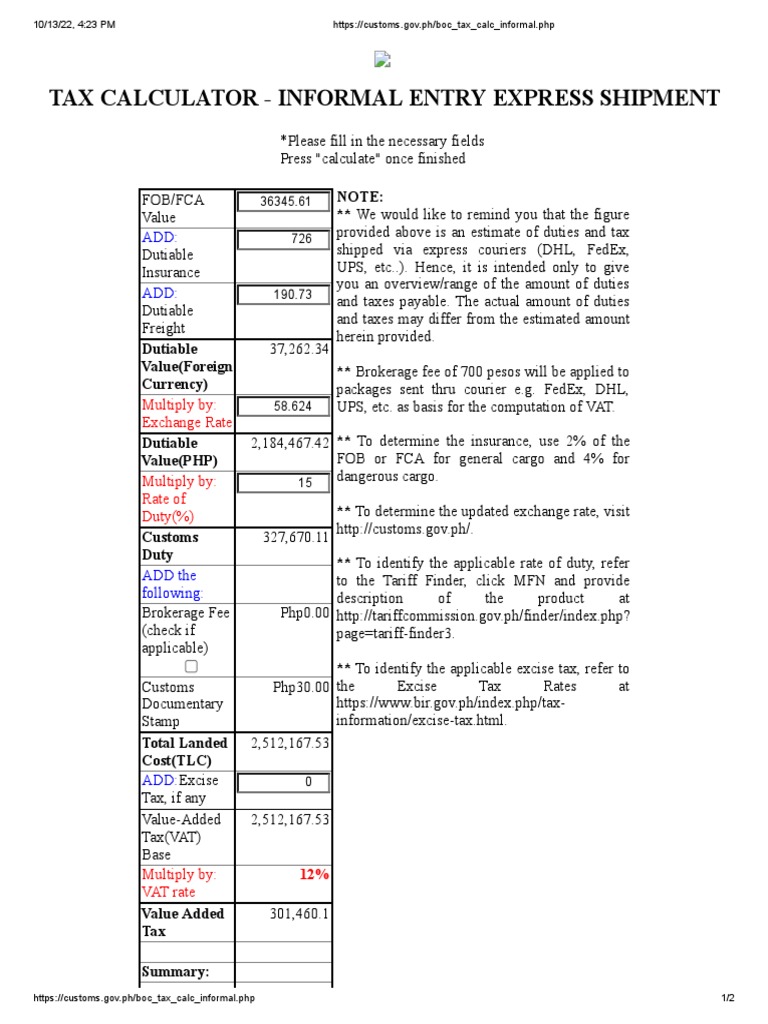 Boc Tax Calc Informal | PDF | Taxes | Customs