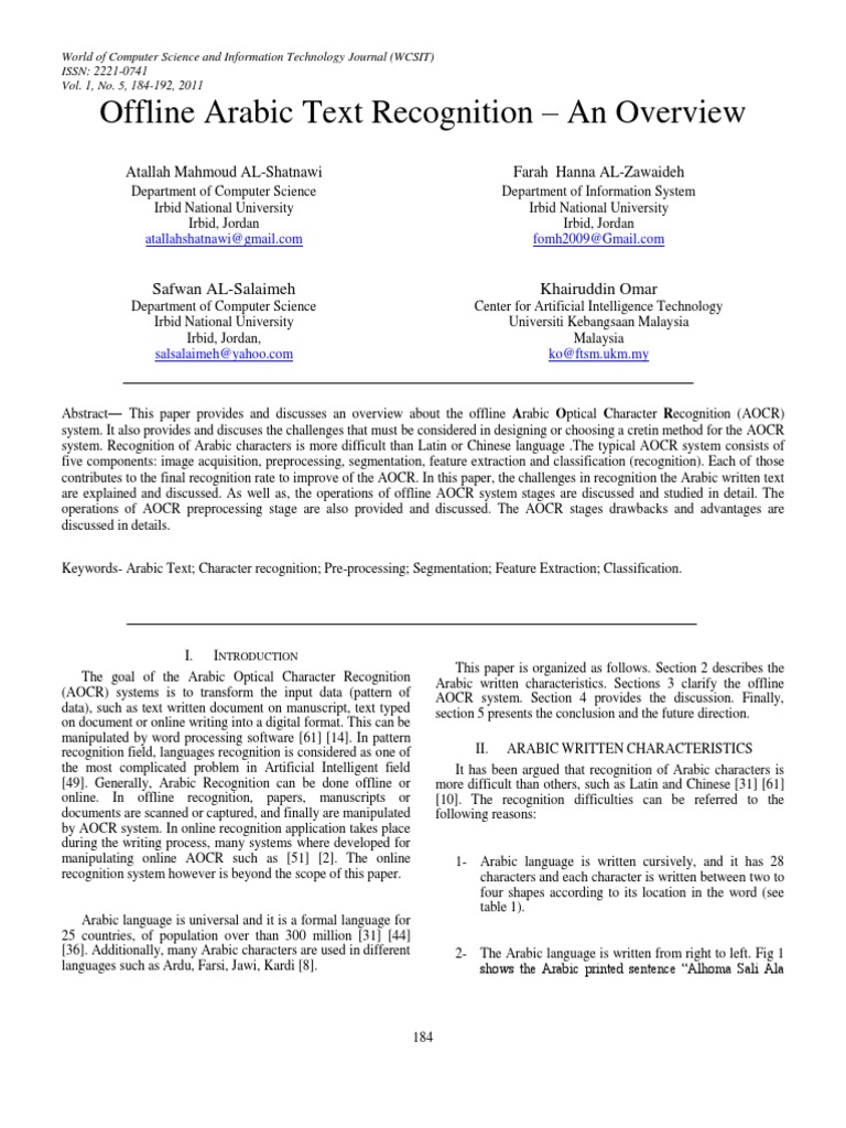 Offline Arabic Text Recognition An Overview | PDF | Optical Character ...