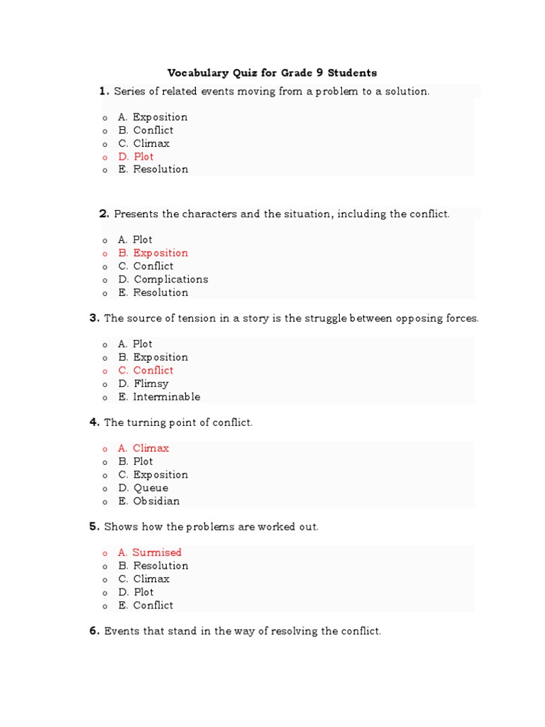 Grade 9 Vocabulary Quiz Questions | PDF