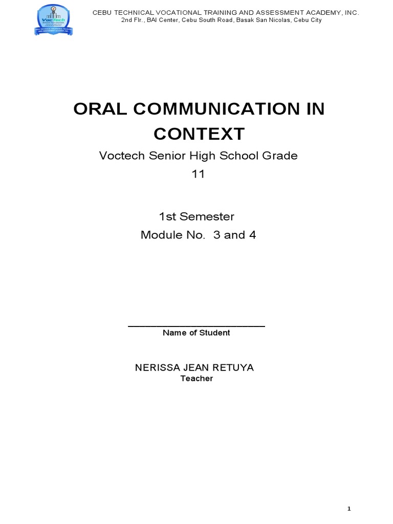 Oral Communication Module 3 and 4 | PDF | Communication | Mental Disorder