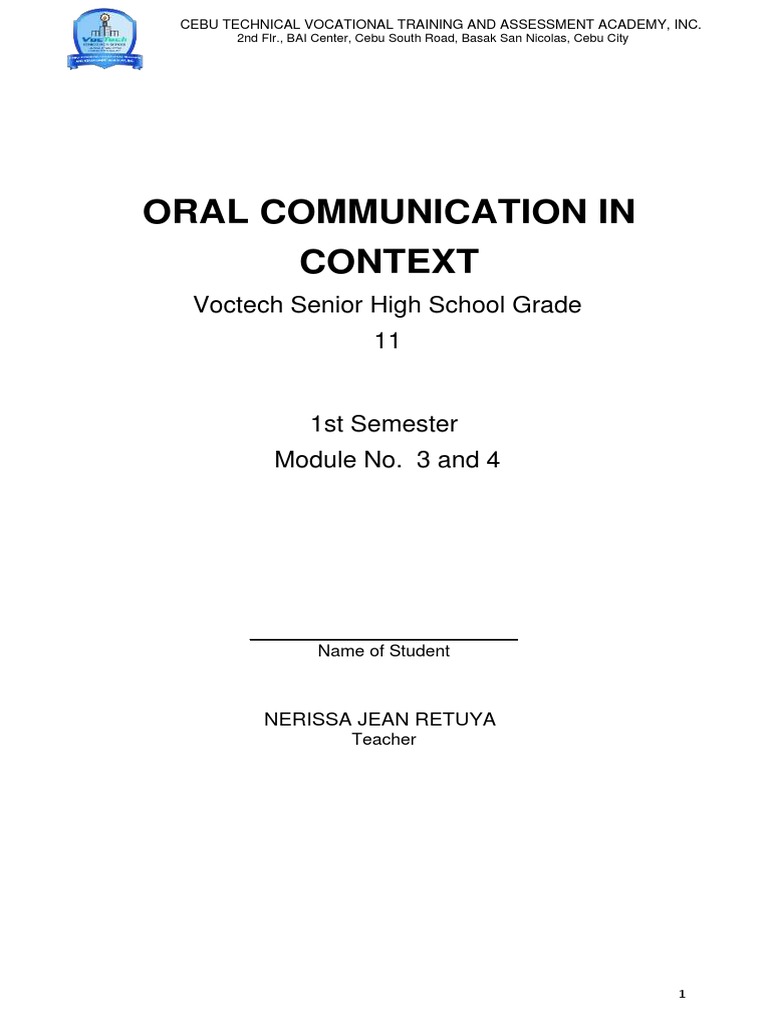 Oral Communication Module 3 and 4 | PDF | Communication | Mental Disorder