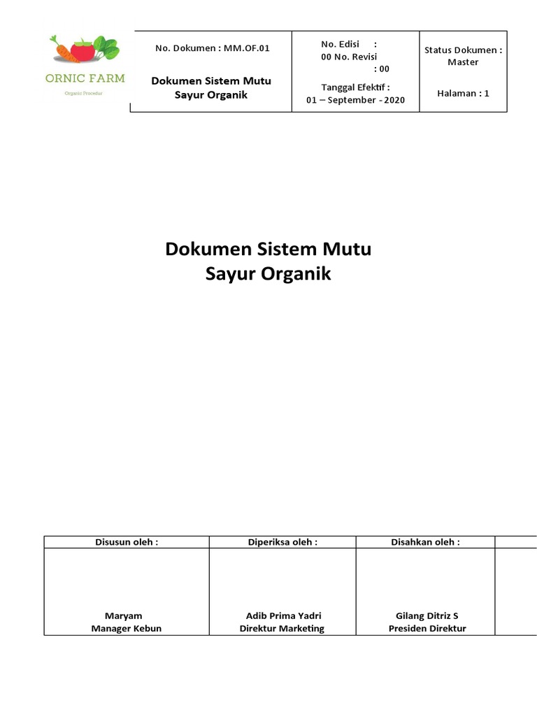 Contoh Dokumen Sistem Mutu Sayur Organik Edit | PDF | Bisnis