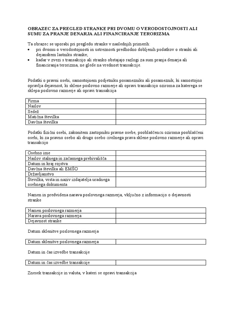 Obrazec Za Pregled Stranke. - Dvom Ali Sum | PDF