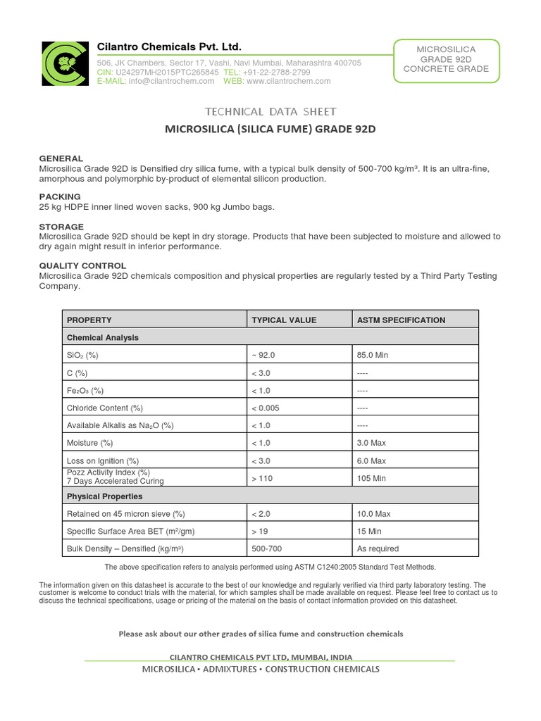 Microsilica Grade 92D Technical Data Sheet | PDF | Building Engineering ...