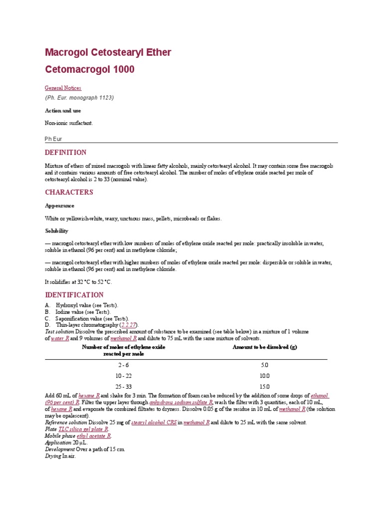 Macrogol Cetostearyl Ether Monograph | PDF | Ethanol | Solubility