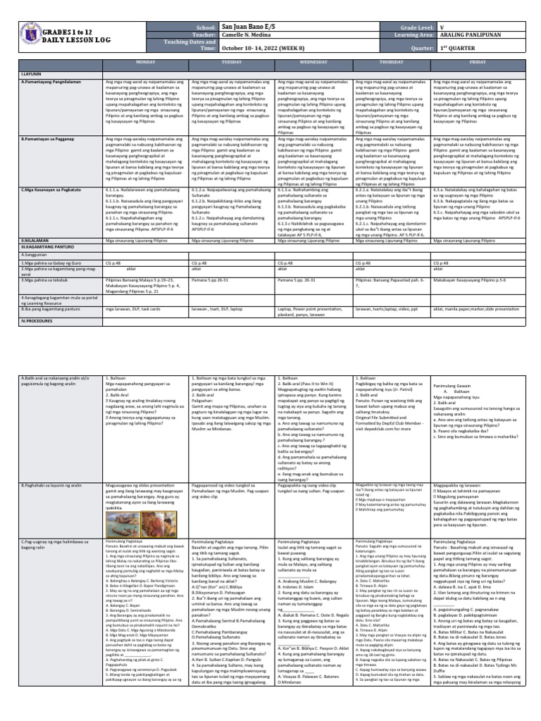 DLL - Araling Panlipunan 5 - Q1 - W6 | PDF
